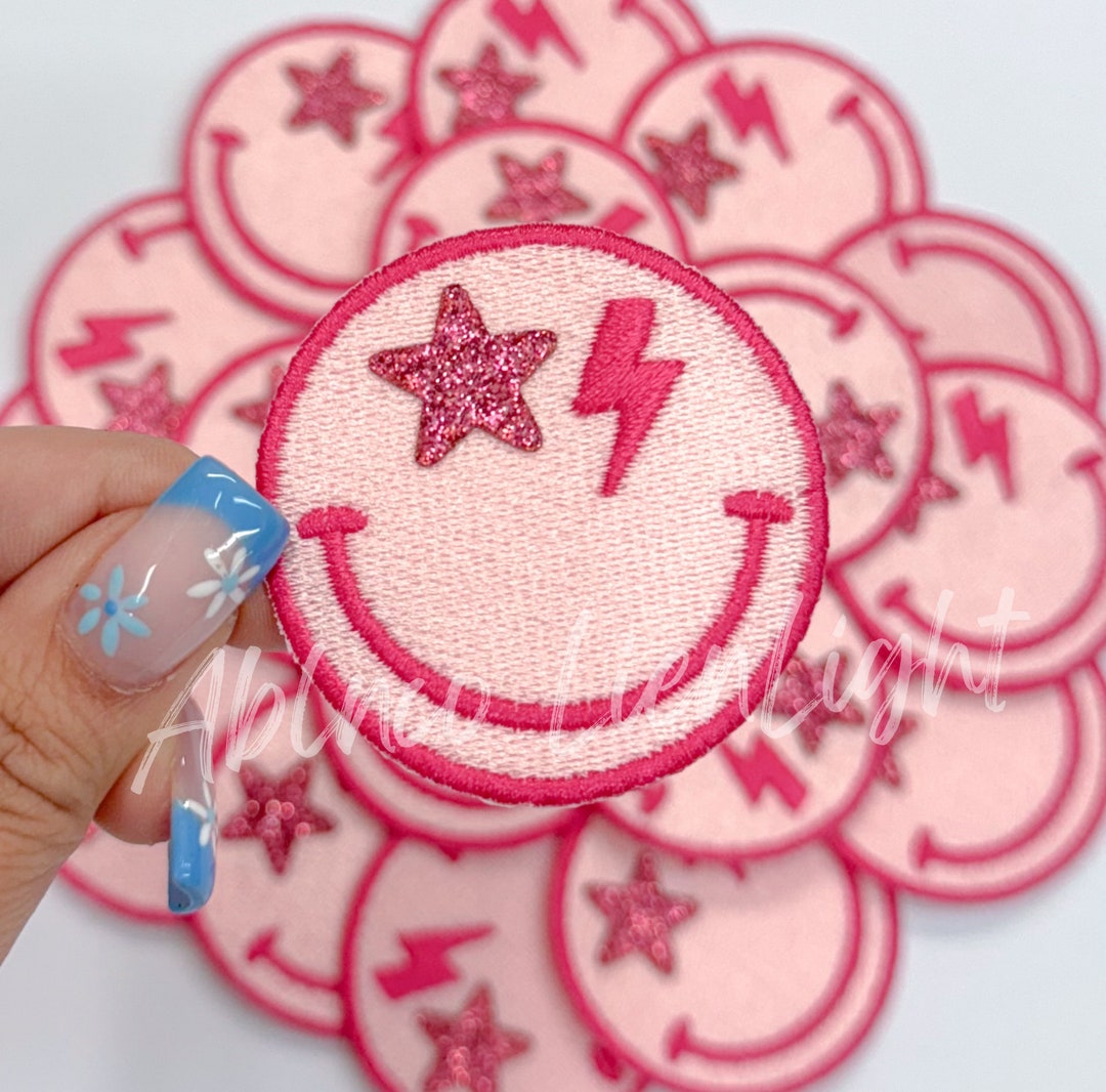 Bolt Face Patch, Pink Happy Face Patch, Trucker Hat Patches, Glitter ...