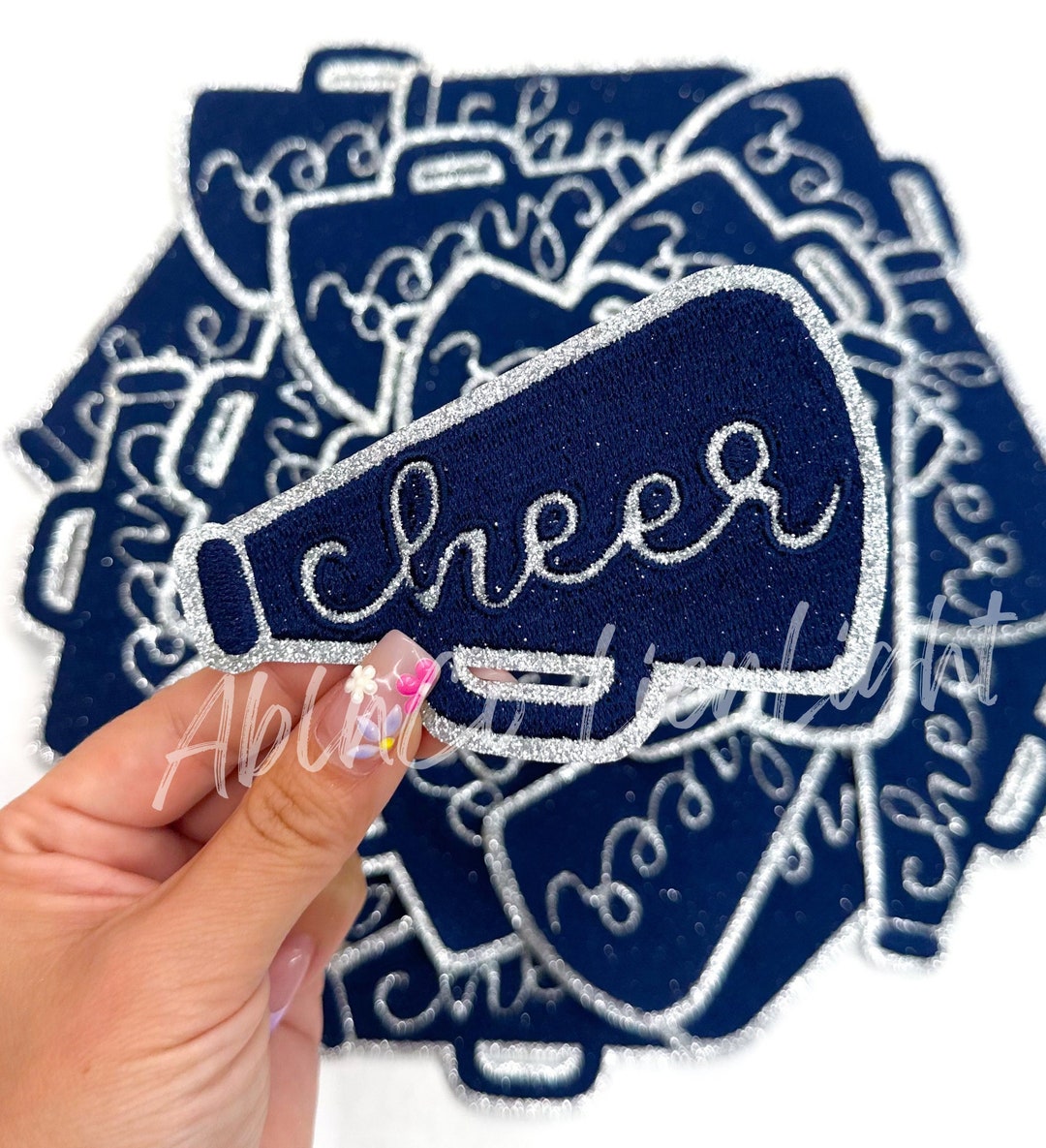 Cheer Patch, SILVER Glitter Cheer Iron on Patch, Navy Megaphone Patch ...