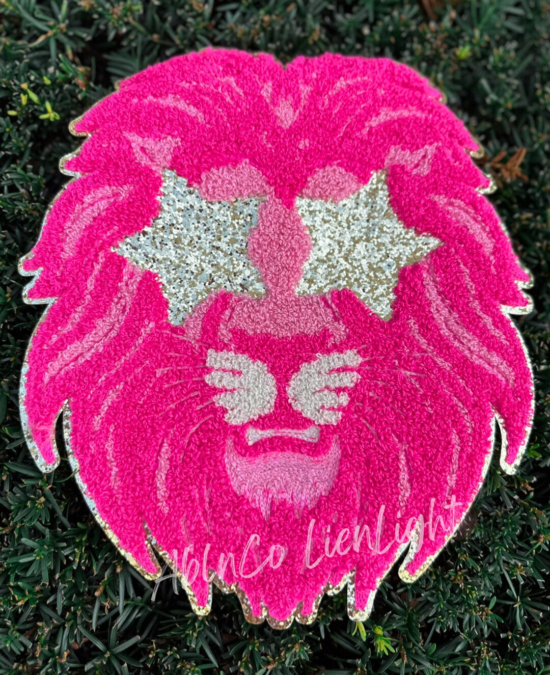 Lion Mascot Chenille Patch, Preppy Pink Mascot Star Eyes Glitter Patch ...