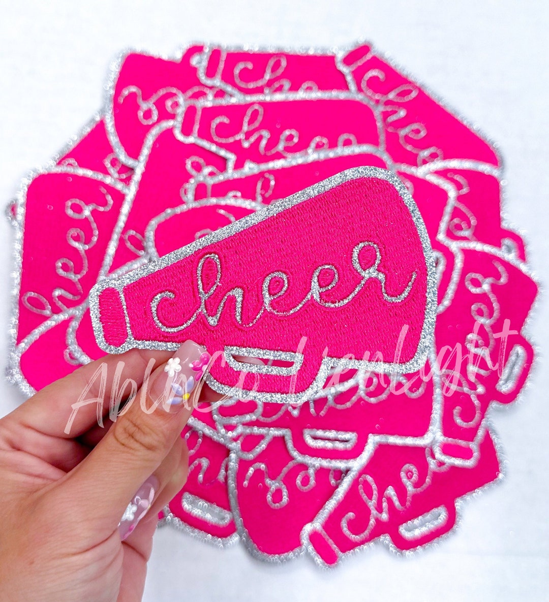 Cheer Patch, SILVER Glitter Cheer Iron on Patch, Hot Pink Megaphone ...