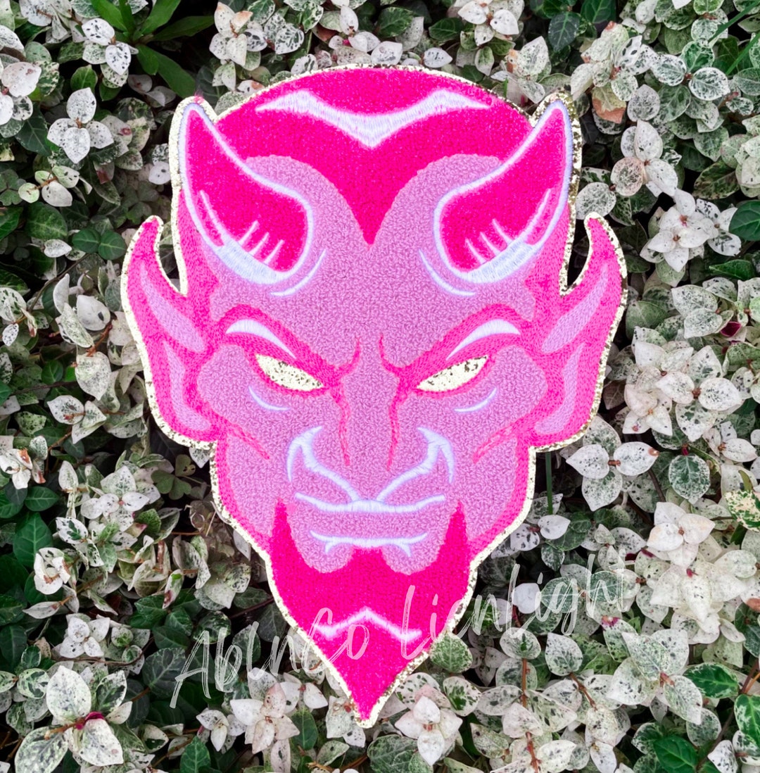 Preppy Mascot Chenille Patch, Pink Devil Mascot Star Eyes Glitter Patch ...
