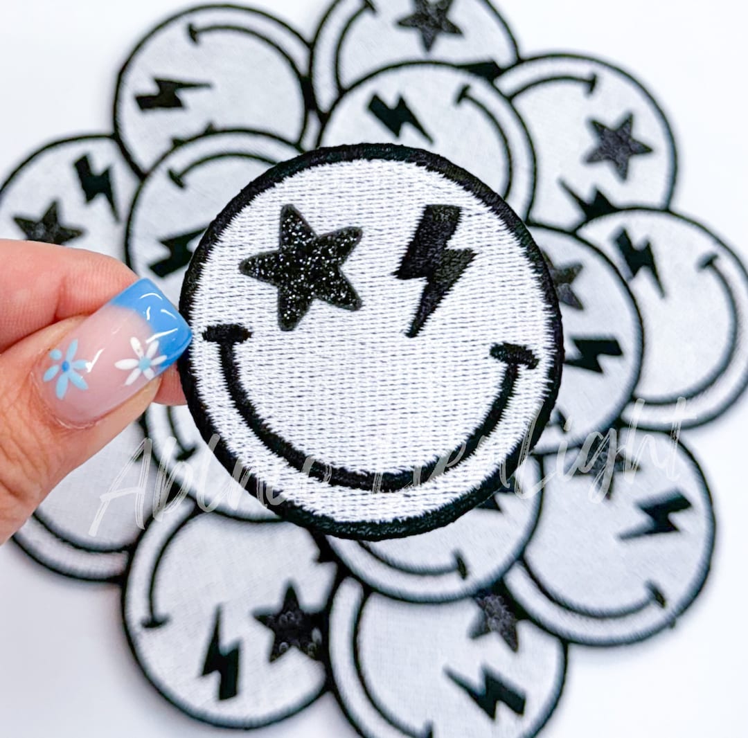 Black Happy Face Patch: Glitter Star, Lightning Bolt Iron-on Patch - Etsy