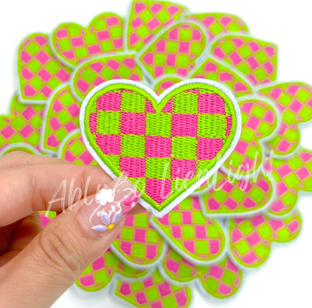 Checkered Heart Patch, Green Pink Heart Patch, Checkered Patch, Preppy ...