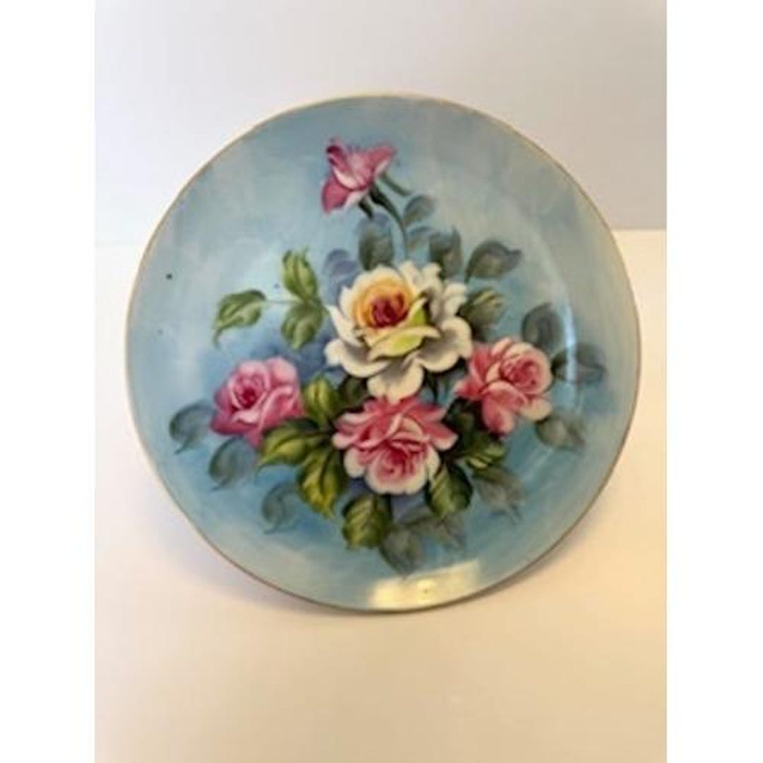 Lefton China Hand Painted Rose Plate Blue Sky Gold Rim Decorative ...