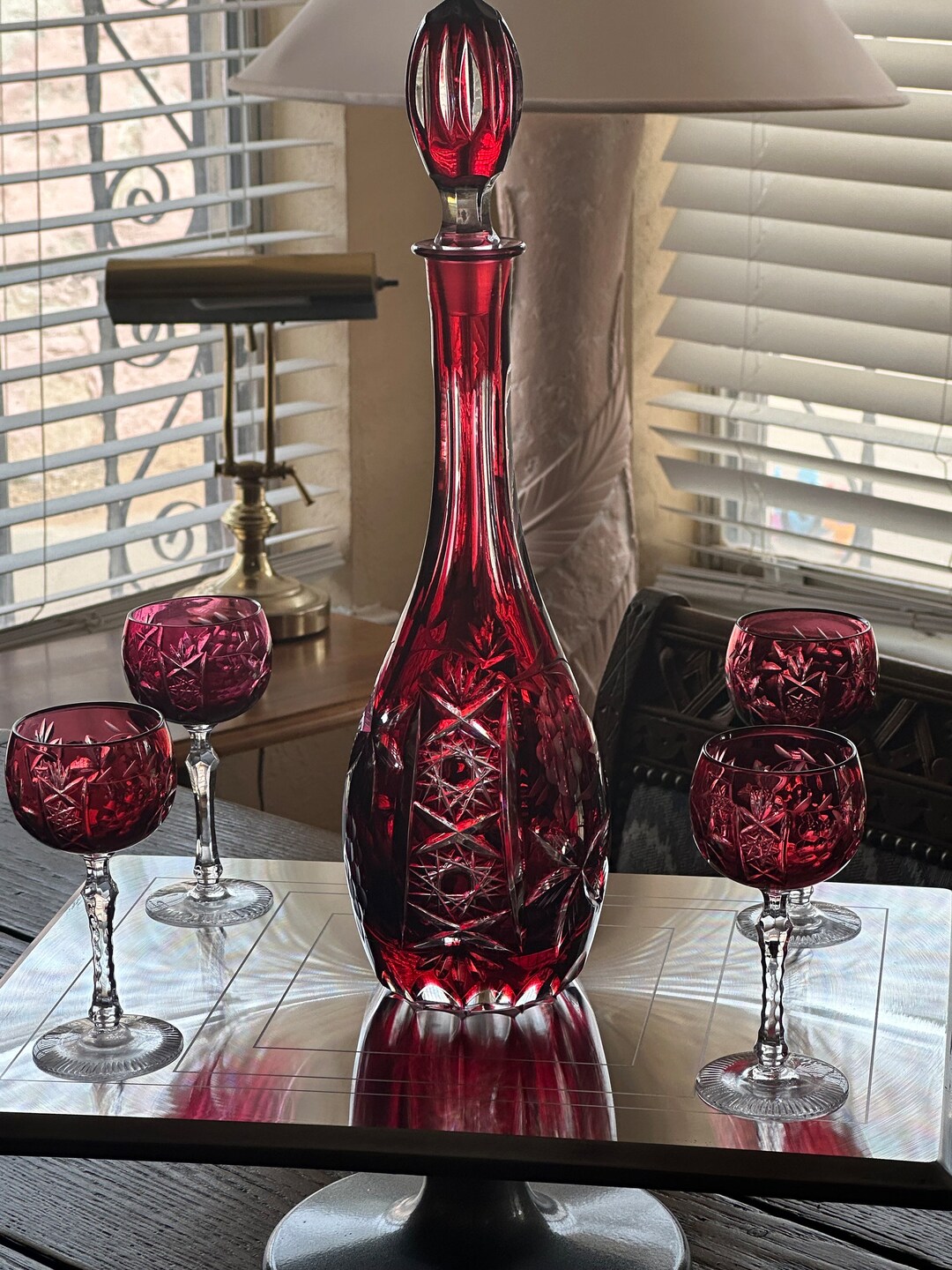 Bohemian Ruby Red to Clear Cut Crystal Decanter Grape Pattern & 4 ...