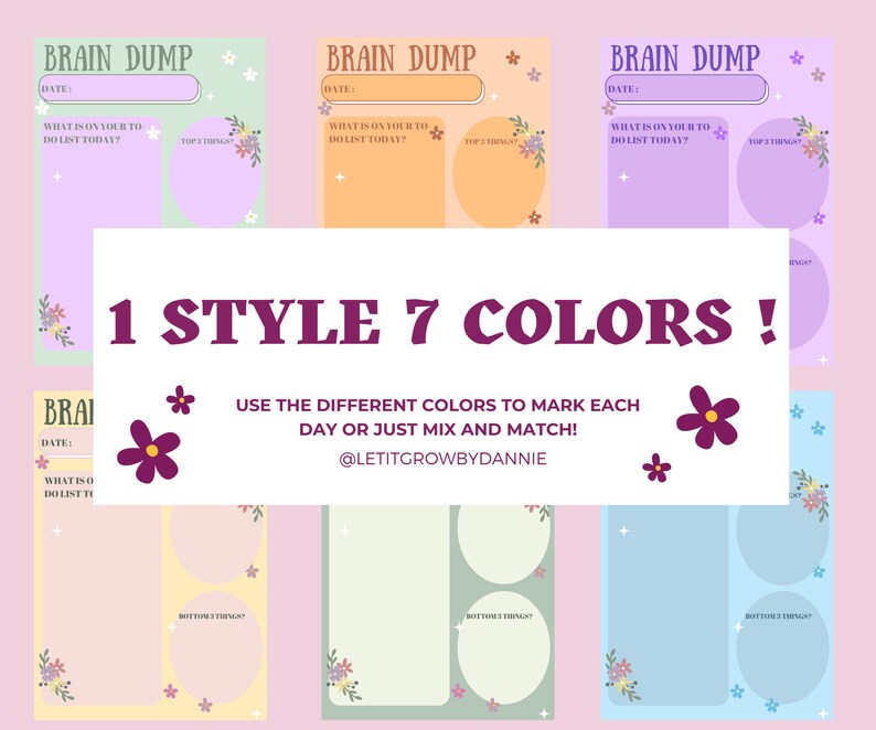 Simple Brain Dump Template, Digital, Floral, Multicolor, Mental Health ...