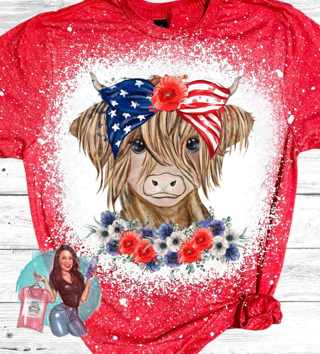 Patriotic Highland Cow Bleached T-shirt - Etsy
