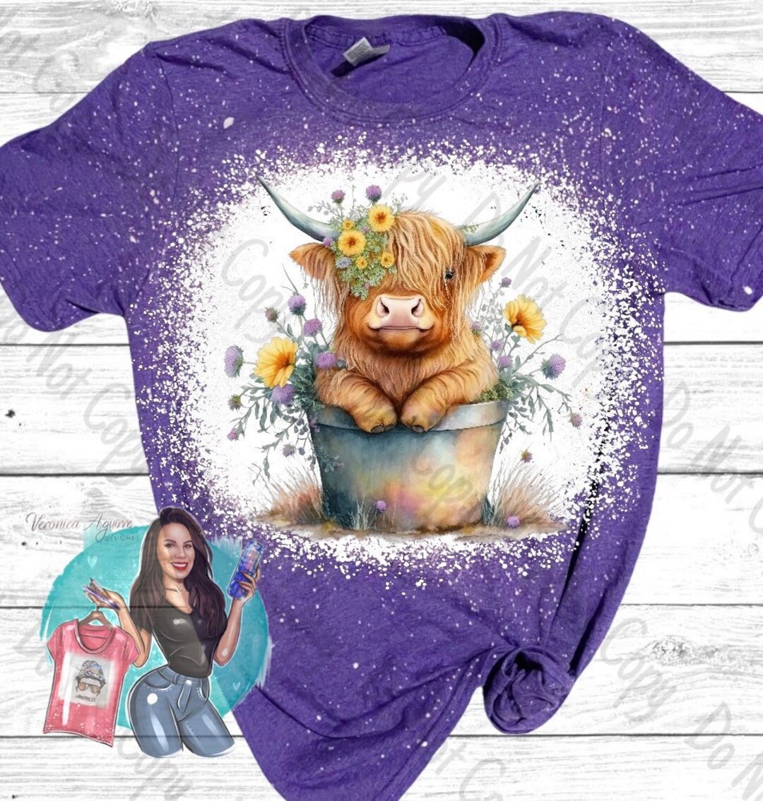Highland Cow Bucket Spring Flowers Bleached T-shirt - Etsy