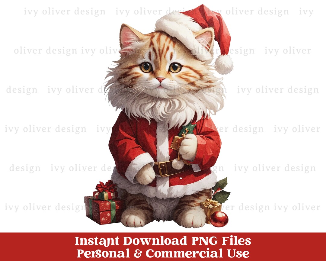 Christmas Santa Cat PNG Clipart Download, Vintage Christmas Sublimation ...