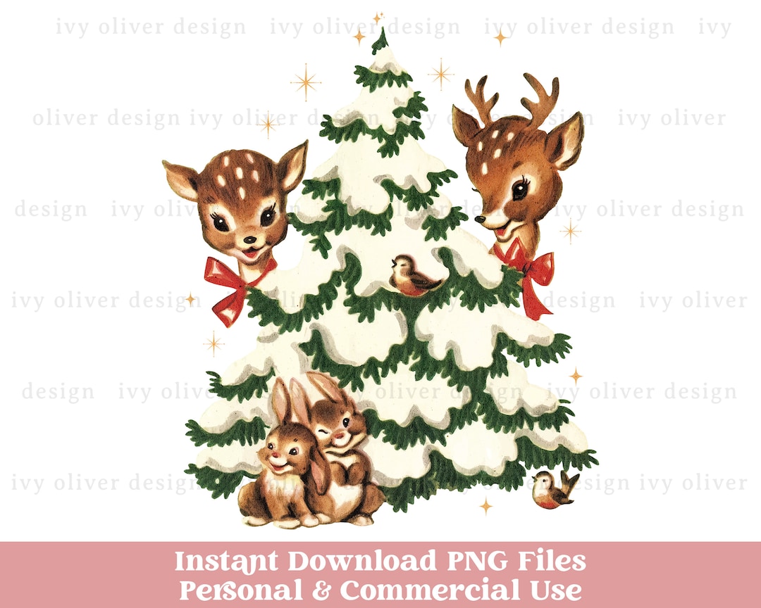 Retro Christmas Tree Clipart: Reindeer & Bunnies PNG (digital Download ...