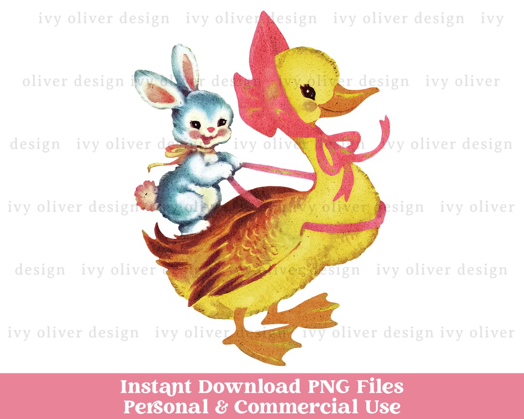 Vintage Easter Bunny & Duck PNG Clipart: Retro Easter Design (digital ...