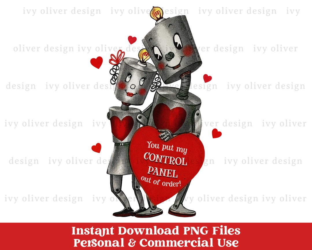 Retro Valentine PNG Clipart, Robots Vintage Valentine Card Printable ...