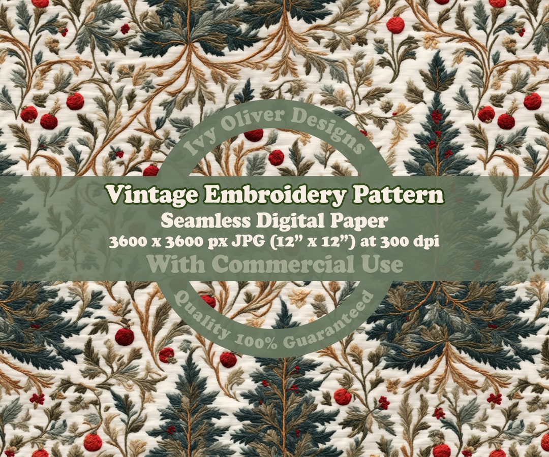 Christmas Trees Embroidery Seamless Pattern Digital Paper Download ...