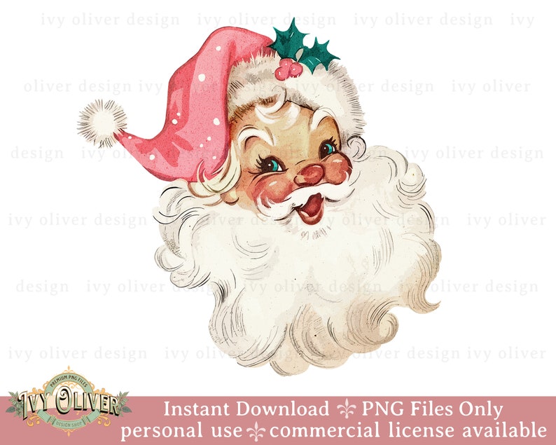 Pink Santa Clipart: Retro Christmas PNG Design (digital Download) - Etsy