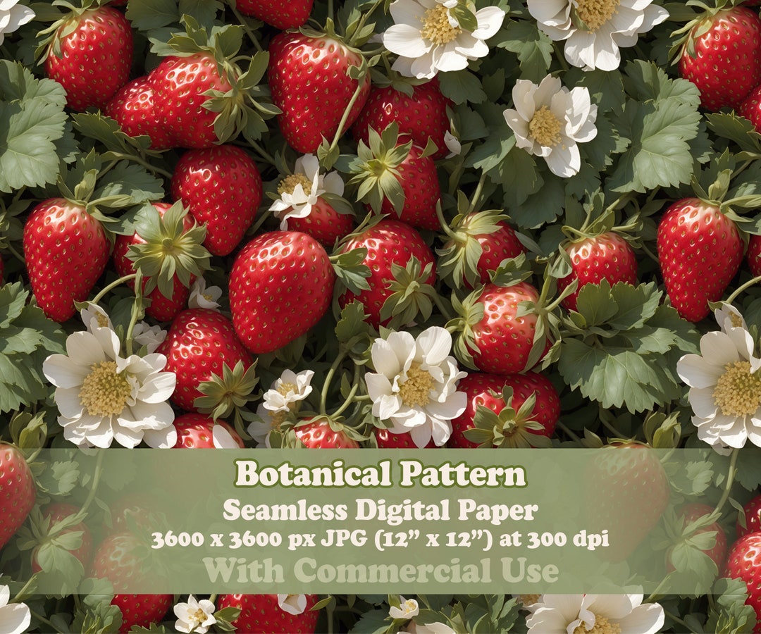 Strawberry Seamless Digital Pattern Download, Cottagecore Digital Paper Junk Journal, Botanical ...