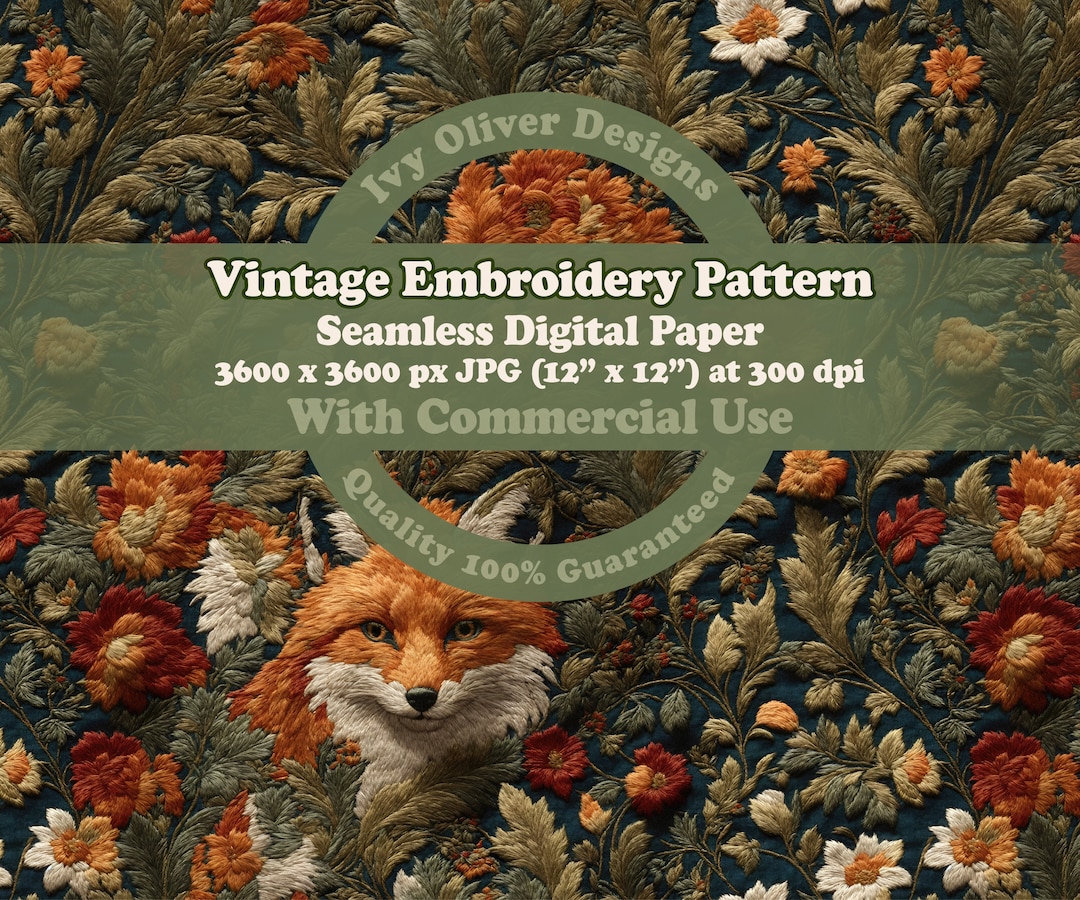 Cottagecore Fox Embroidery Seamless Pattern Digital Paper, Vintage Junk ...