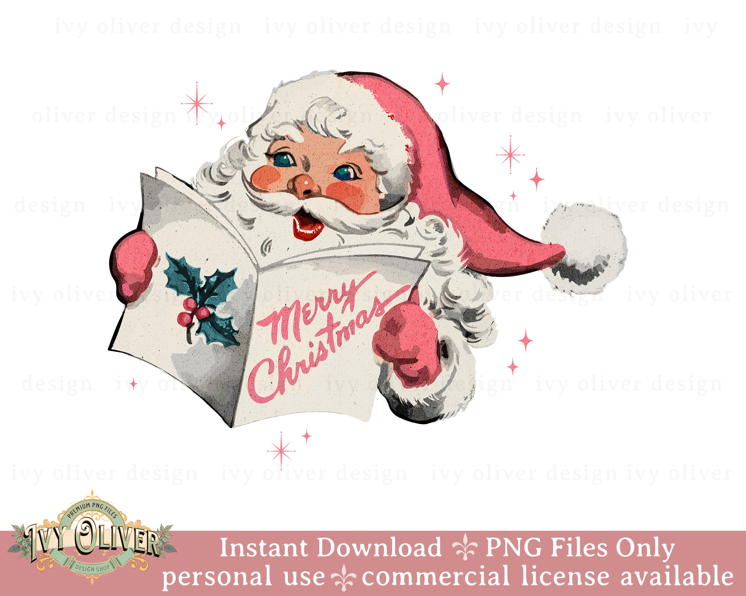 Pink Christmas Santa Clipart: Vintage Retro Design (PNG Digital ...