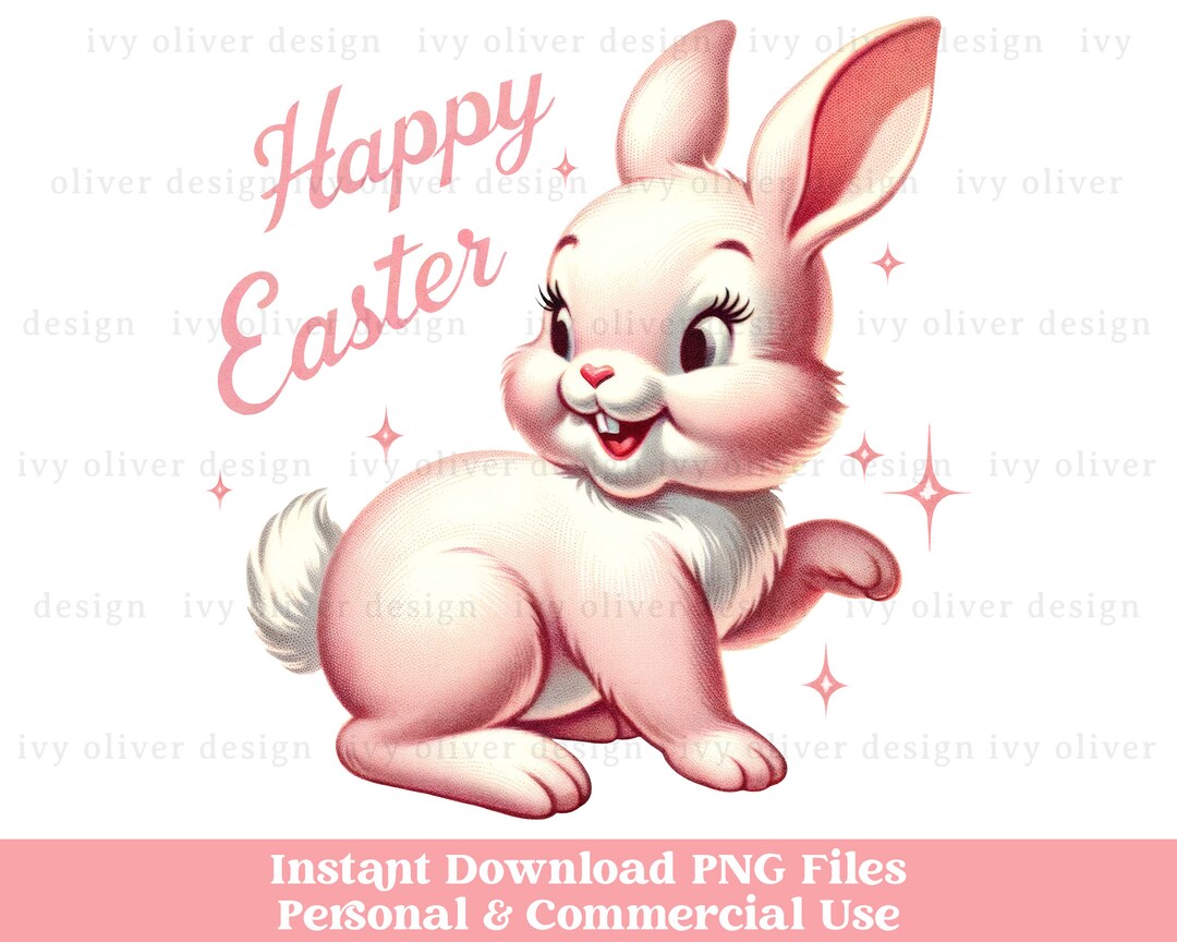 Retro Happy Easter PNG Clipart, Vintage Pink Easter Bunny Sublimation ...