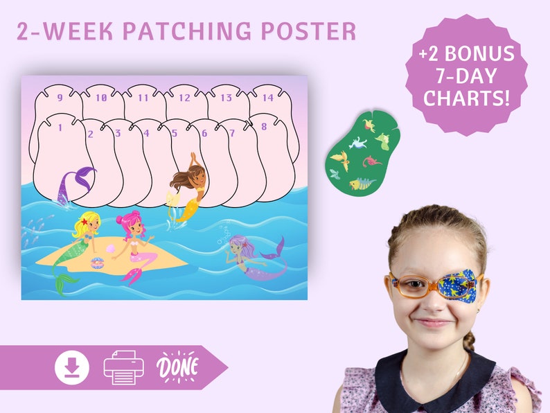 Mermaid Eye Patch Reward Chart: Kids Occlusion Therapy (digital ...