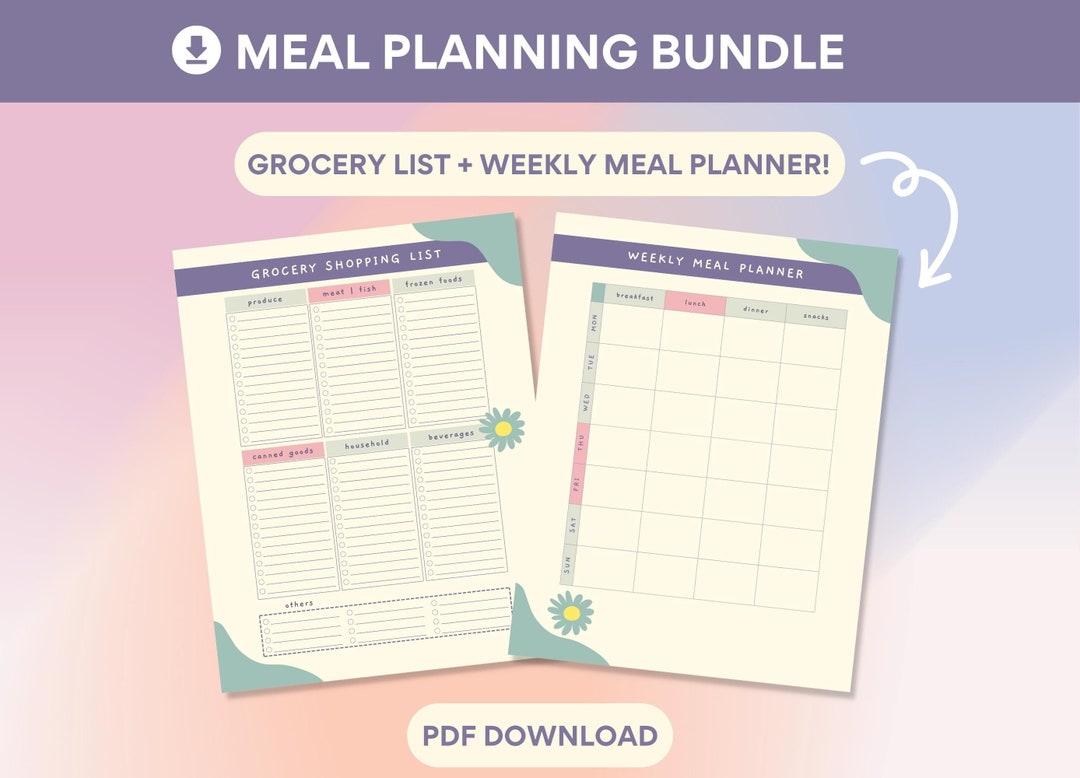 Meal Planner Printable PDF and Grocery List Printable, Easy Meal ...