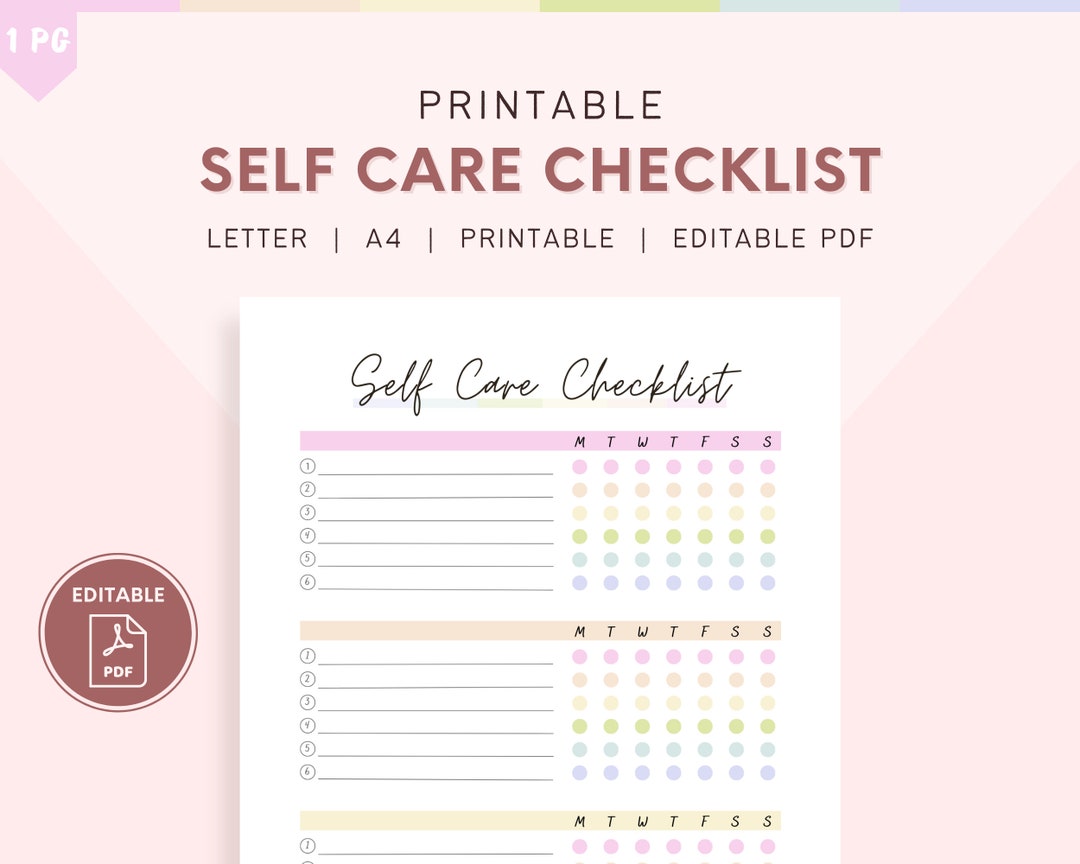 Self Care Checklist Printable, Self-care Planner, Selfcare Tracker ...