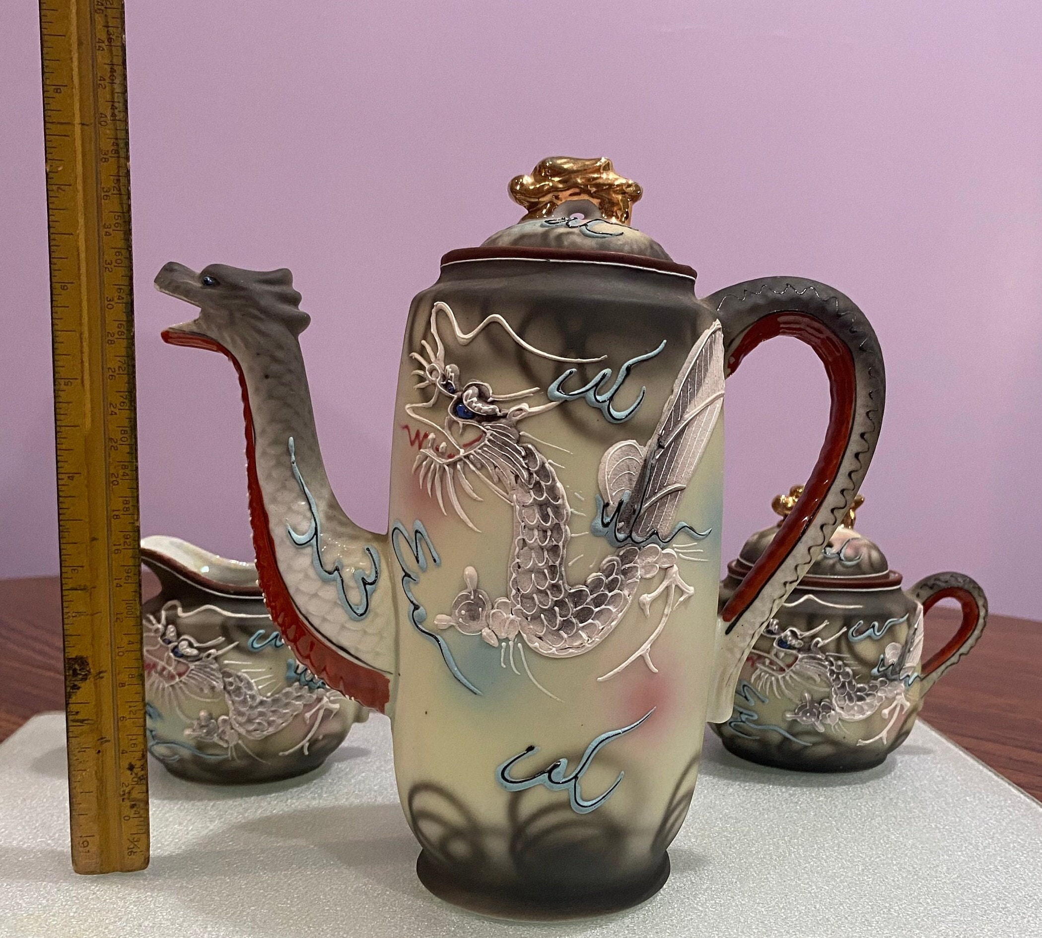 Vintage Japanese Moriage Dragonware Teapot Sugar Container and Creamer ...