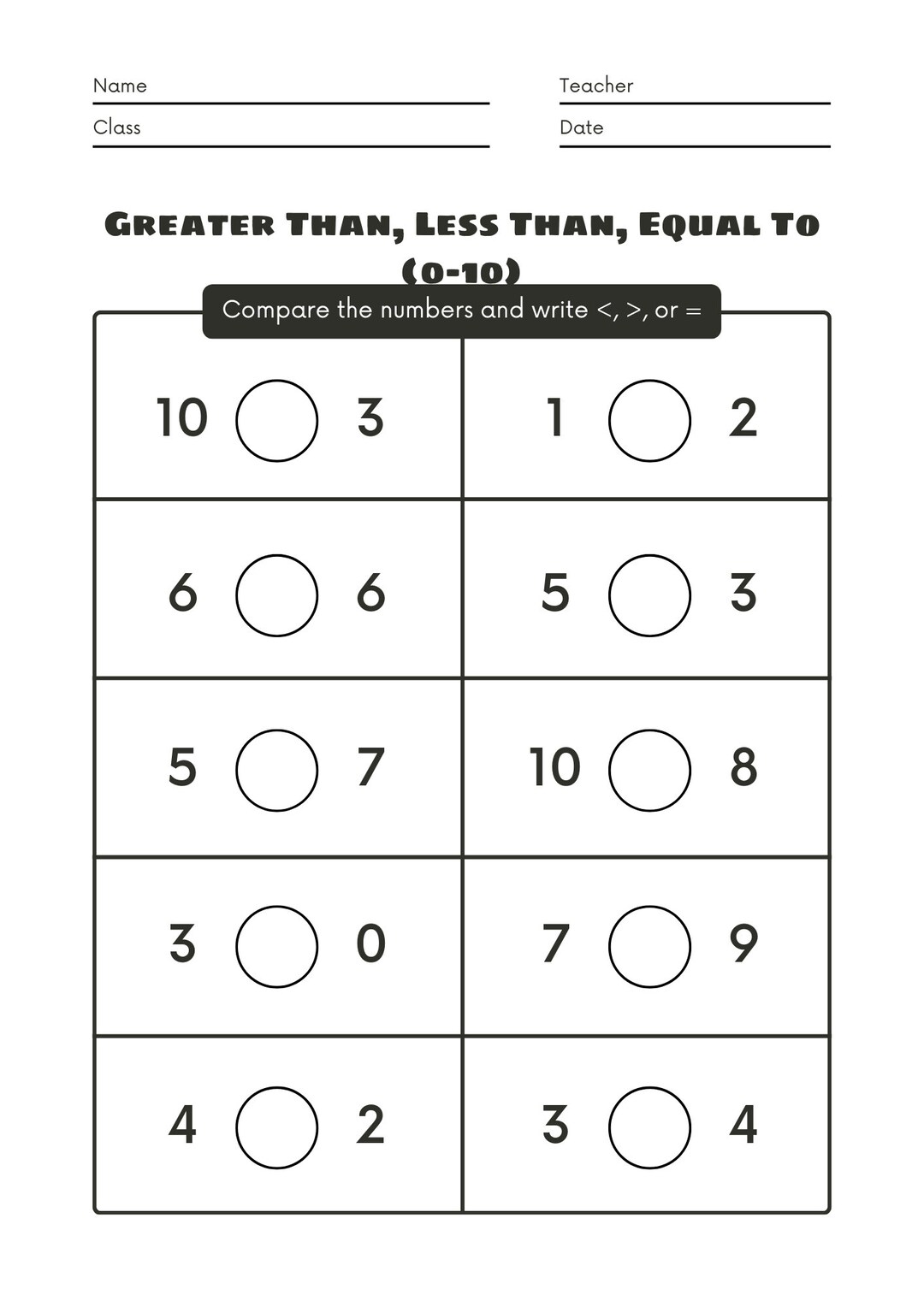 30 Printable Greater Than Less Than Equal To Worksheets Etsy