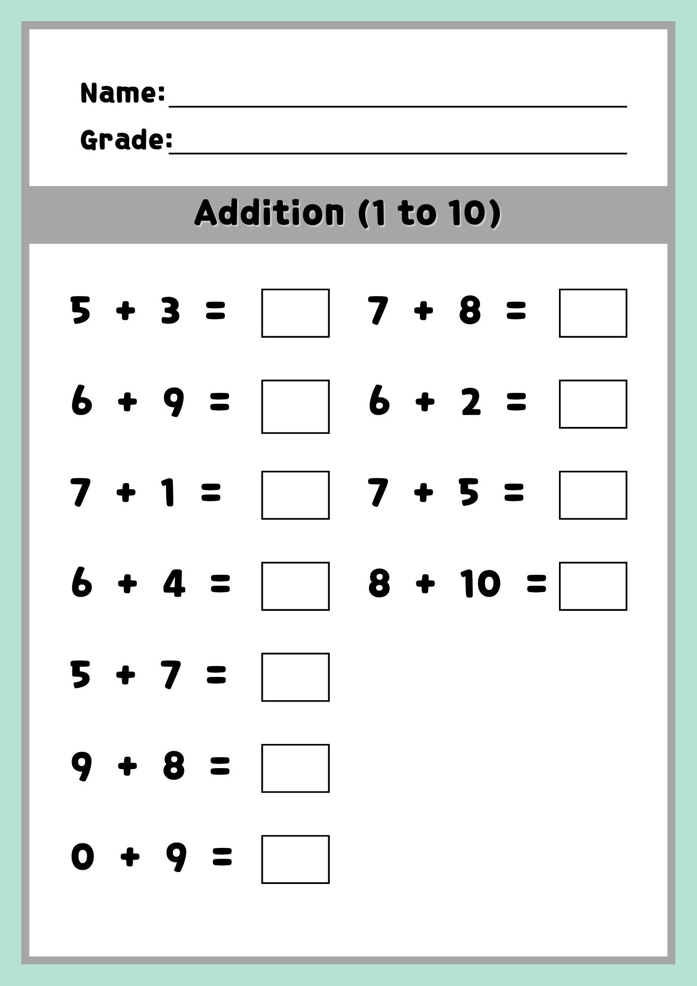 80 Printable Addition Worksheets, Numbers 1-10 Worksheets Preschool ...