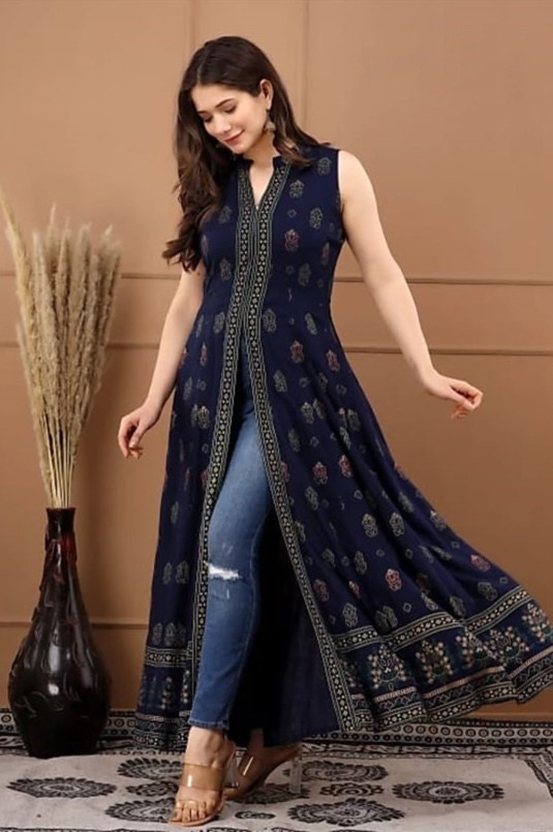 Blue Rayon Front Slit Kurti Dress: Sleeveless Party Gown - Etsy
