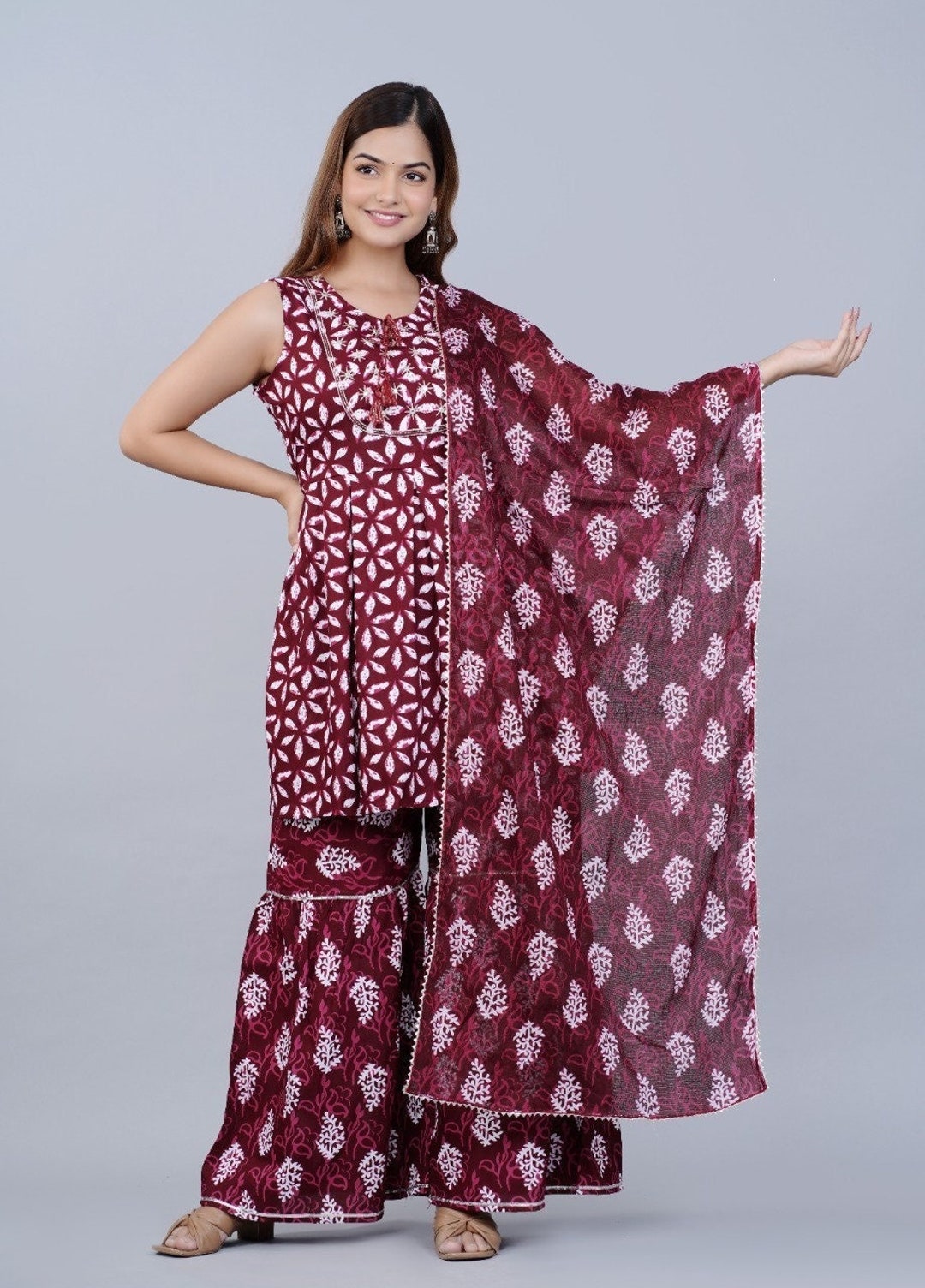 Dark Red and White Sharara Chunri Set three Peice Sharara Set - Etsy