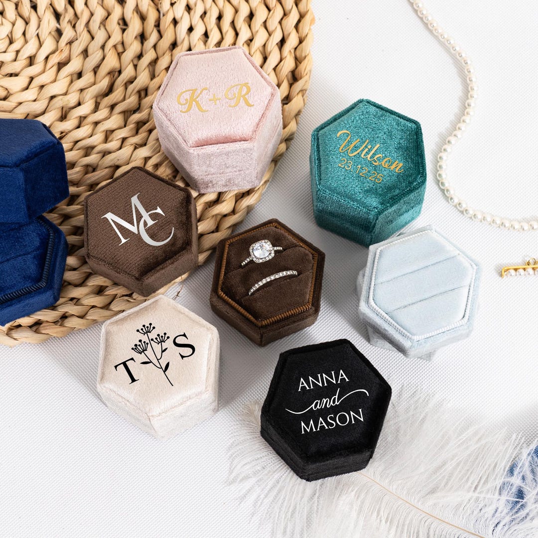 Personalized Velvet Ring Box, Custom Wedding Ring Box, Double Slots ...