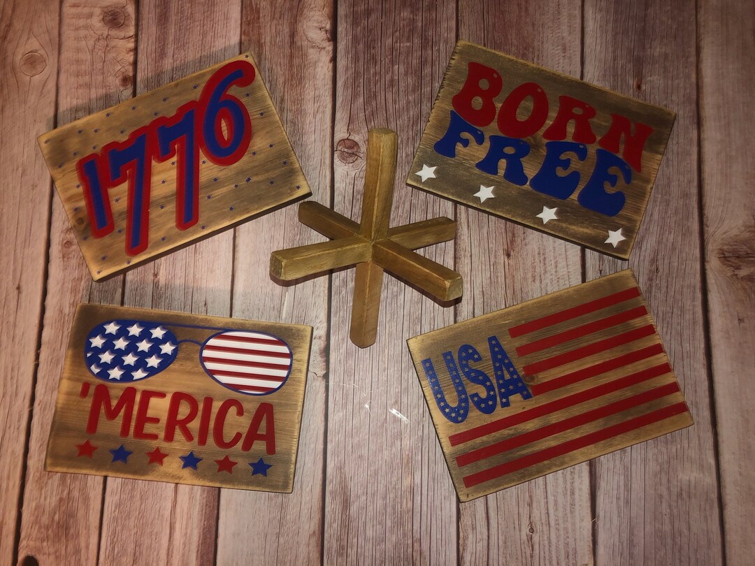 4-pack Patriotic Wooden Signs: Merica Born Free 1776 USA Flag Red White ...