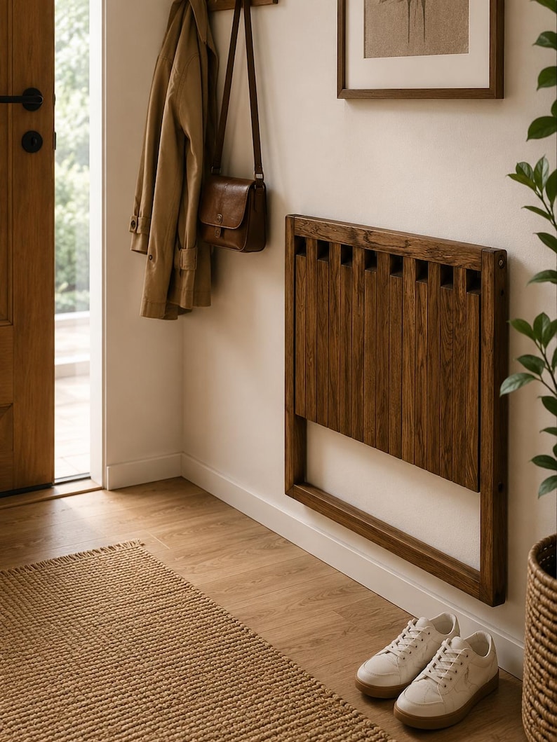 Wall Mounted Folding Chair | Solid Oak | Space Saving Seat. Brown - Etsy UK