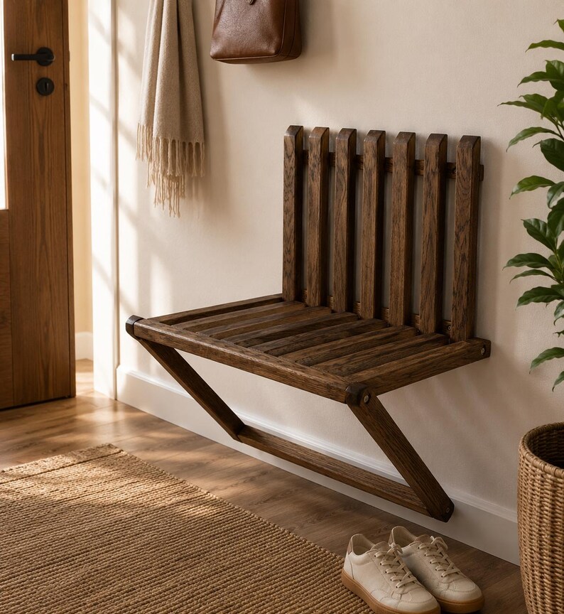 Wall Mounted Folding Chair | Solid Oak | Space Saving Seat. Brown - Etsy UK