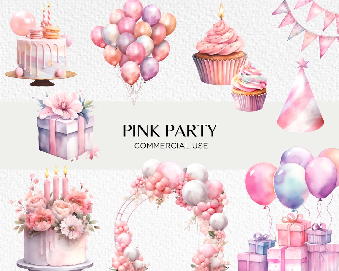 Pink Birthday Party Watercolour Clipart Bundle, 20 Transparent PNG 300 ...