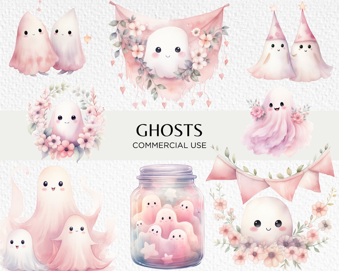 Cute Ghosts Watercolour Clipart, 20 Transparent PNG 300 Dpi, Pink Ghost ...