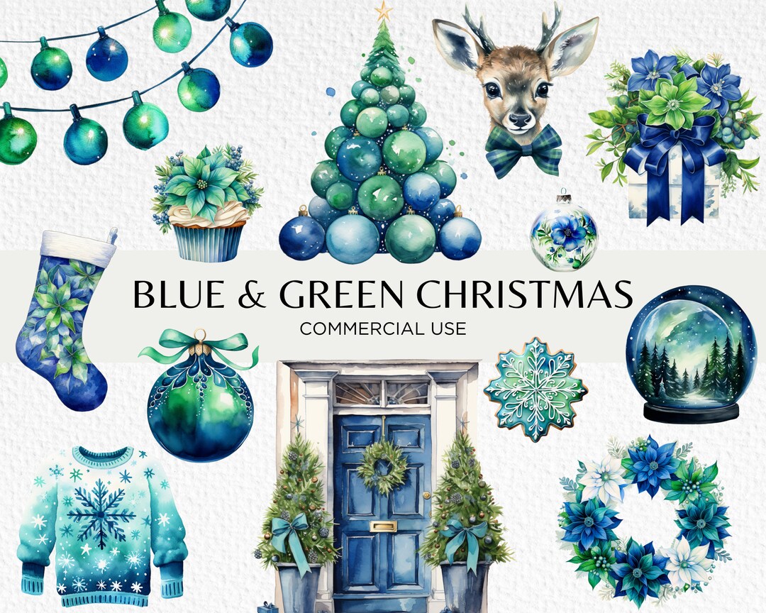 Blue and Green Christmas Watercolour Clipart, 20 Transparent PNG 300 ...