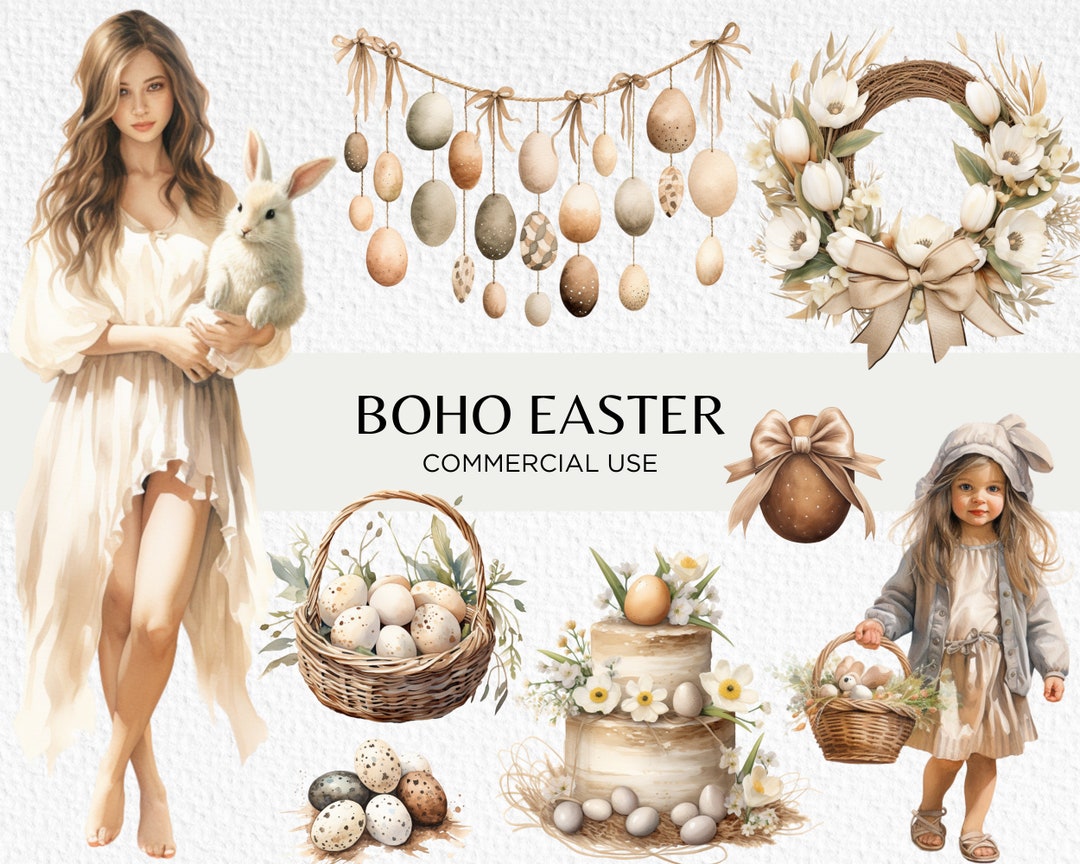 Boho Easter Watercolour Clipart, 20 Transparent PNG 300 Dpi, Rustic ...