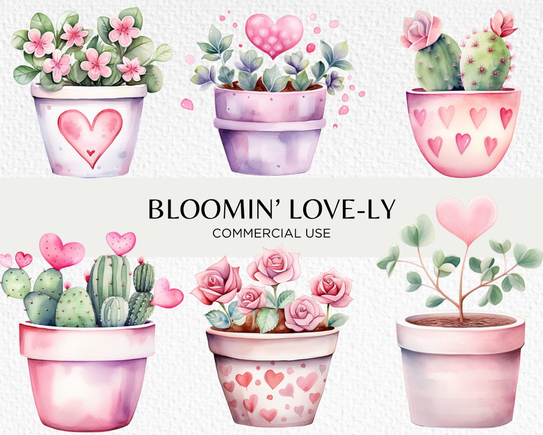 Cute Valentines Flower Pots Watercolour Clipart, 20 Transparent PNG 300 ...