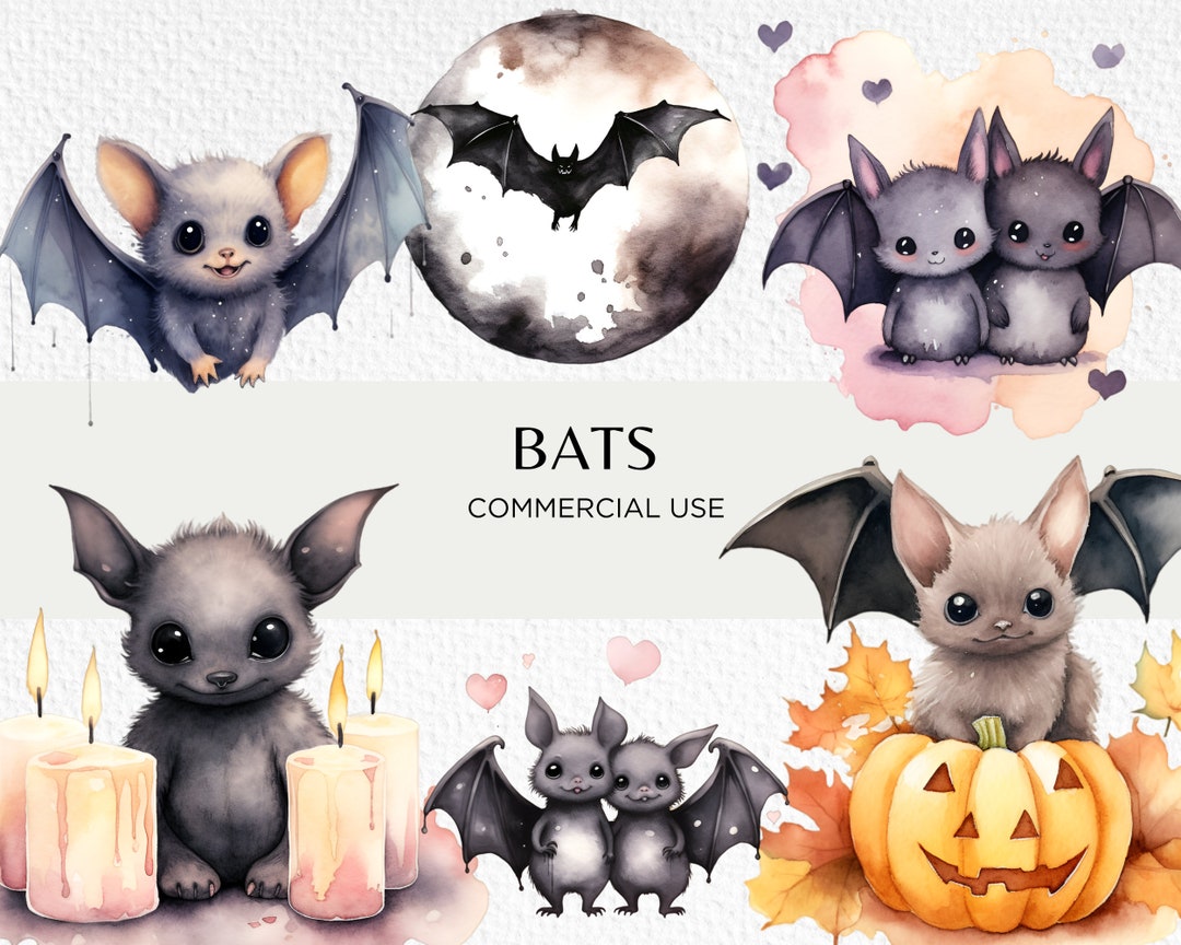 Bats Watercolour Clipart Bundle, 18 Transparent PNG 300 Dpi, Cute Bat ...