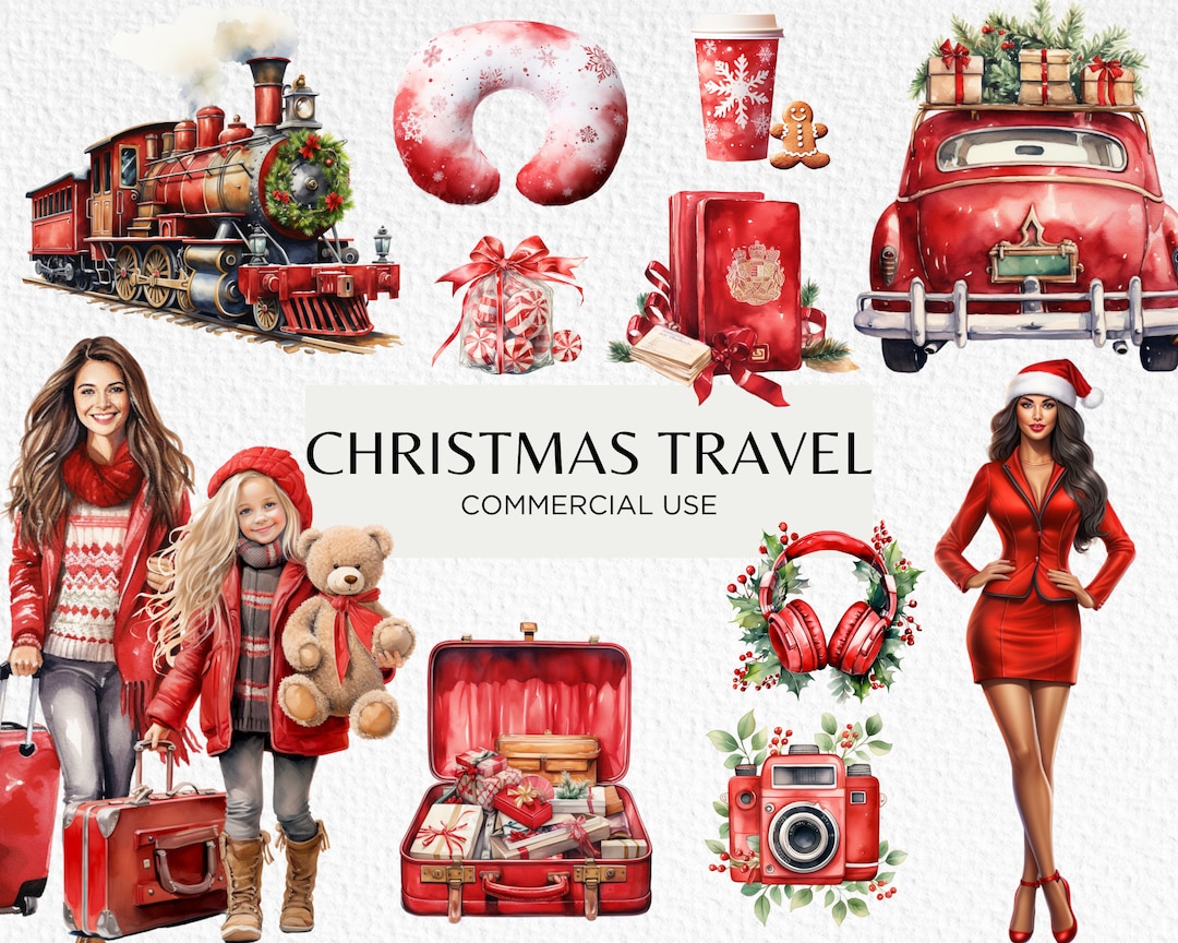 Christmas Travel Watercolour Clipart, 20 Transparent PNG 300dpi, Cute ...