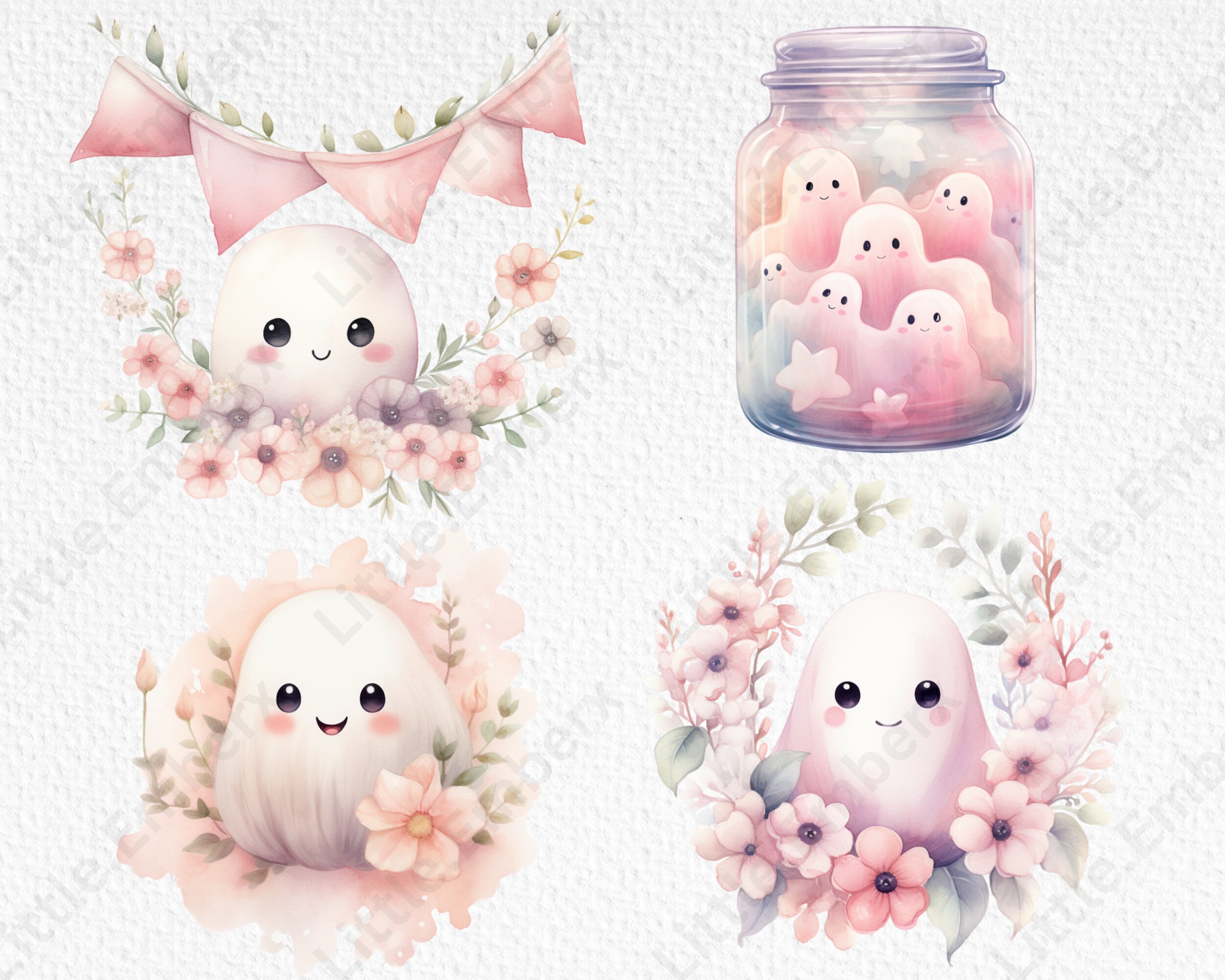 Cute Ghosts Watercolour Clipart, 20 Transparent PNG 300 Dpi, Pink Ghost ...
