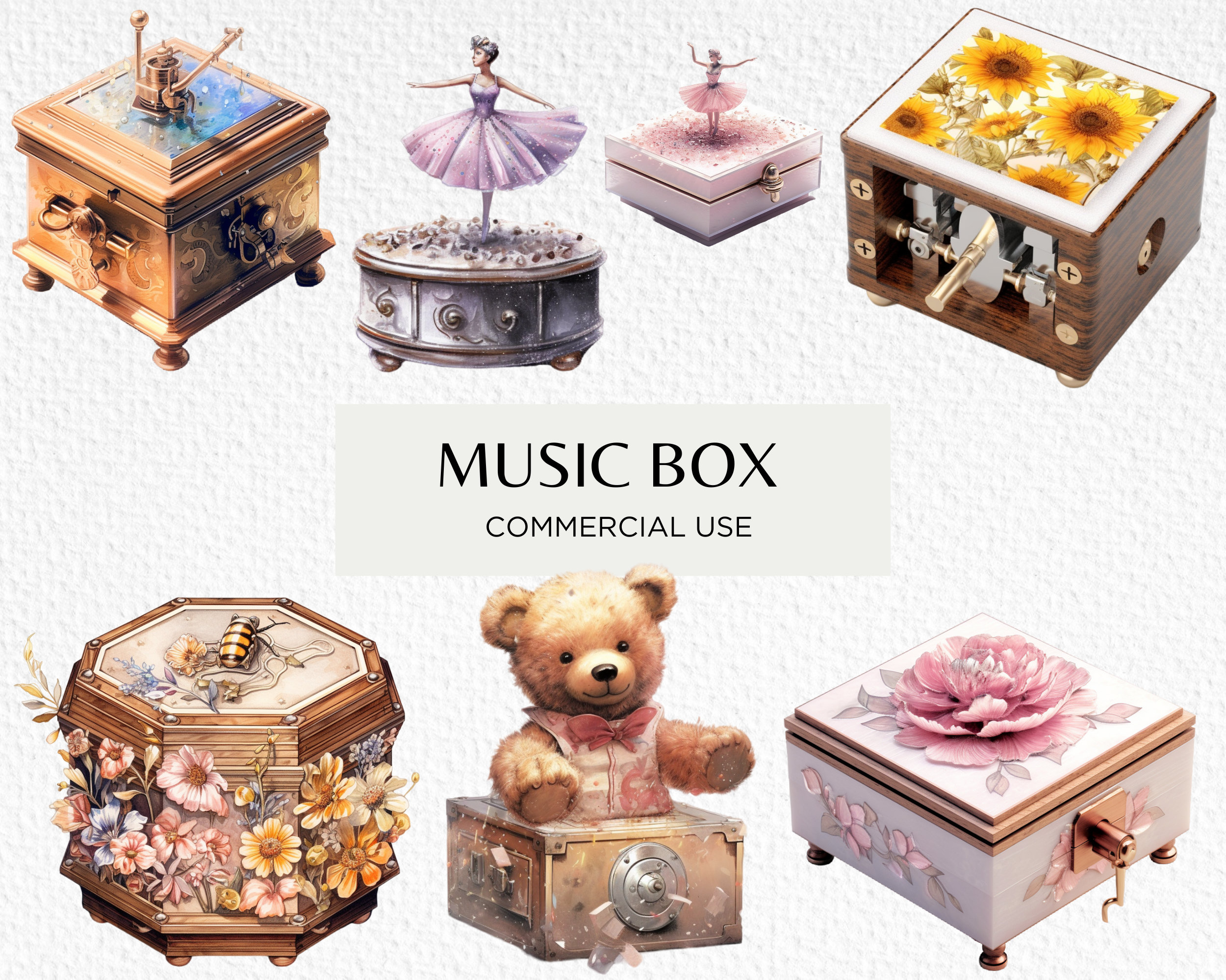 Watercolour Music Box Clipart Bundle, 18 Transparent Isolated PNG 300 ...
