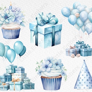 Blue Birthday Party Watercolour Clipart, 20 Transparent PNG 300 Dpi ...