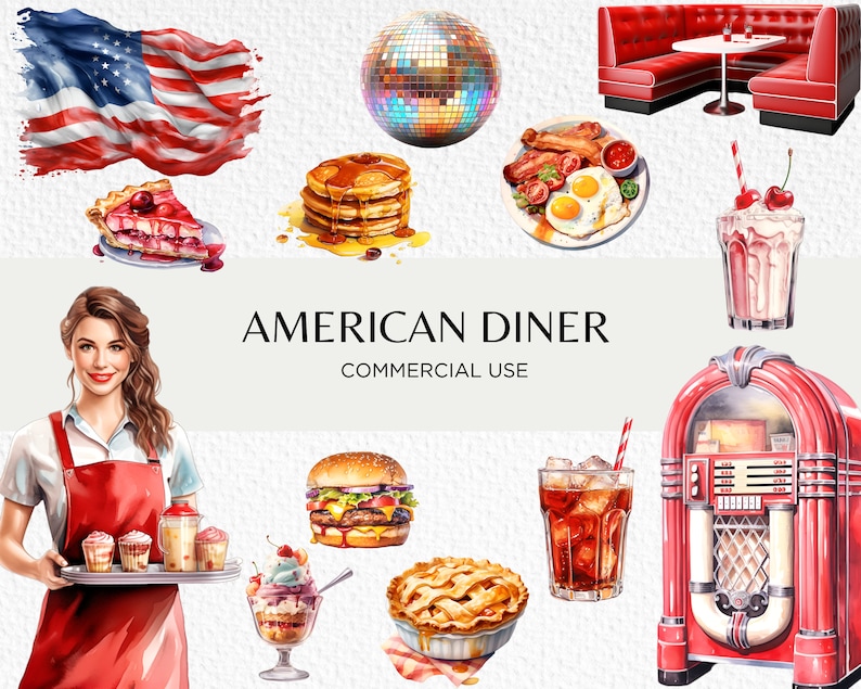 American Diner Watercolour Clipart Bundle, 24 Transparent PNG 300 Dpi ...