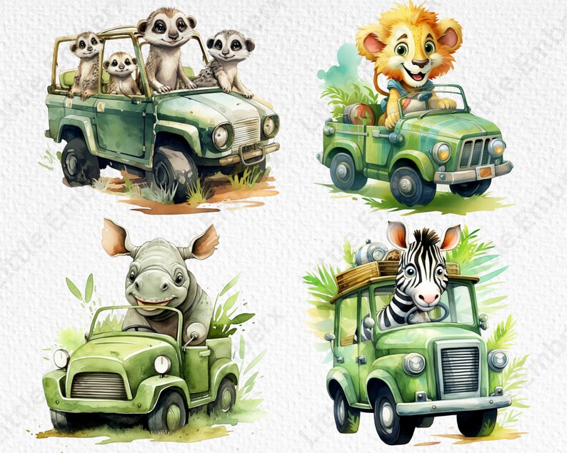 Safari Truck Watercolour Clipart, 20 Transparent PNG 300 Dpi, Cute Baby ...