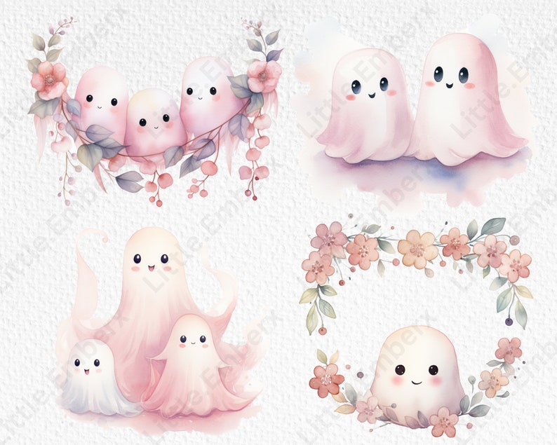 Cute Ghosts Watercolour Clipart, 20 Transparent PNG 300 Dpi, Pink Ghost ...