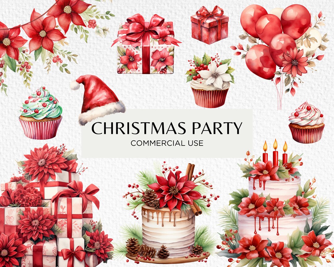 Christmas Party Watercolour Clipart, 20 Transparent PNG 300 Dpi, Red ...