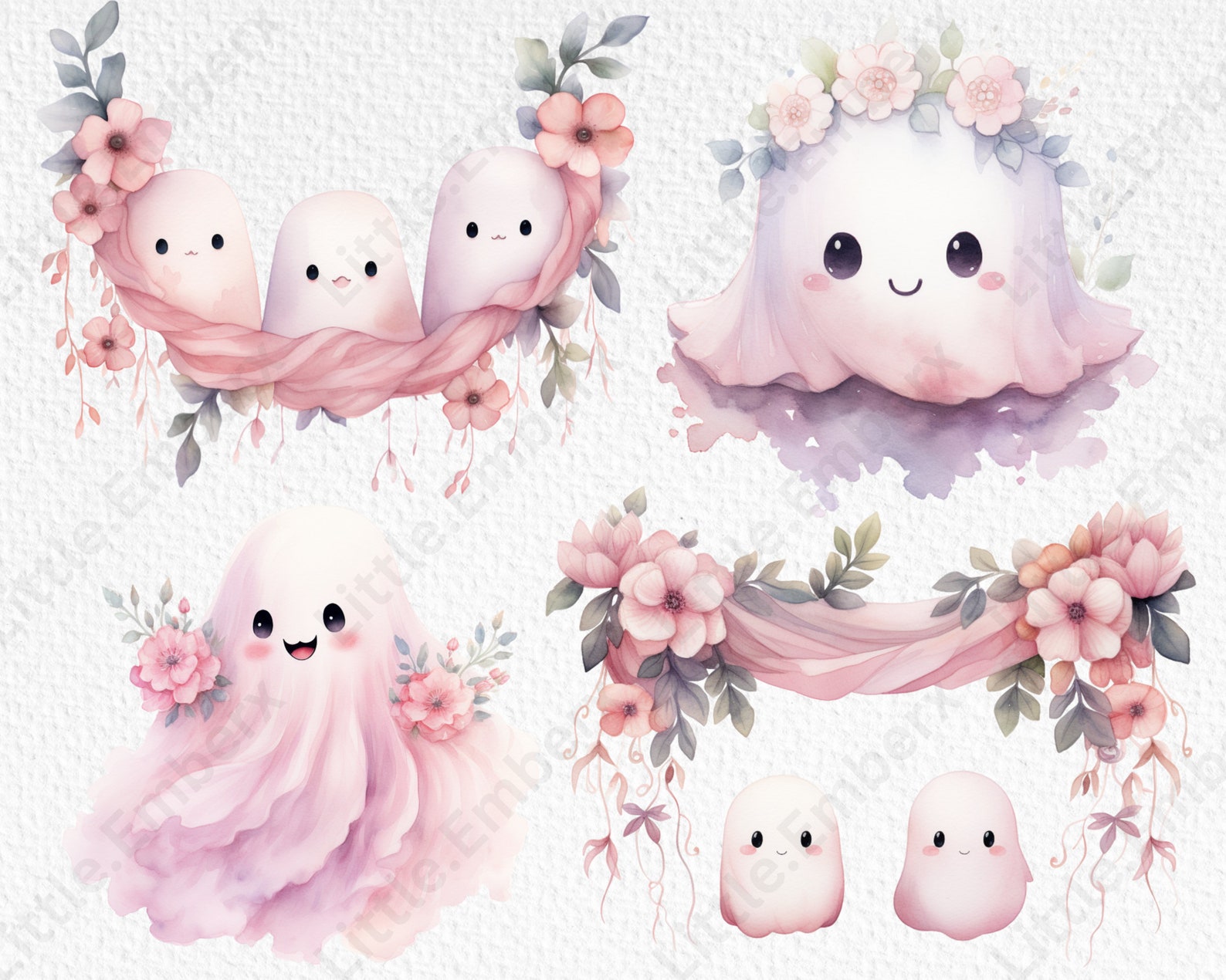 Cute Ghosts Watercolour Clipart, 20 Transparent PNG 300 Dpi, Pink Ghost ...
