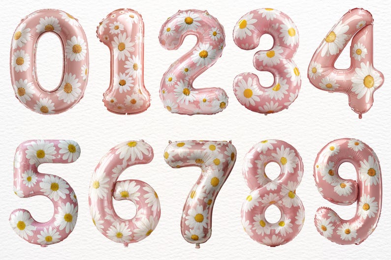 Floral Daisy Number Balloons Clipart Bundle, 10 Transparent PNG 300 Dpi ...